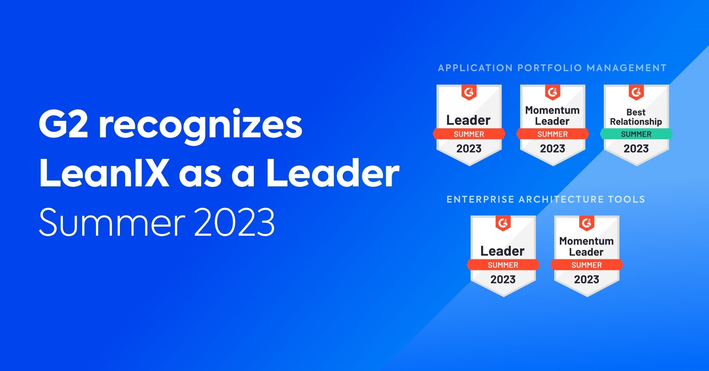 LeanIX Wins Five Leader Awards in G2’s Summer 2023 Report LeanIX Wins Five Leader Awards in G2’s Summer 2023 Report